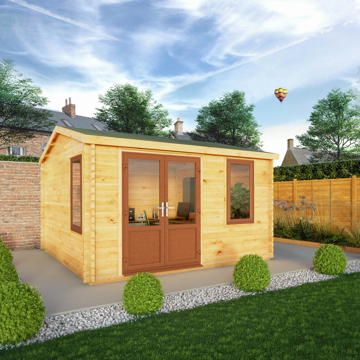 Mercia Elite 13' 6" x 13' 2" Apex Log Cabin - Premium 44mm Cladding Loglap - Brown UPVC only ...