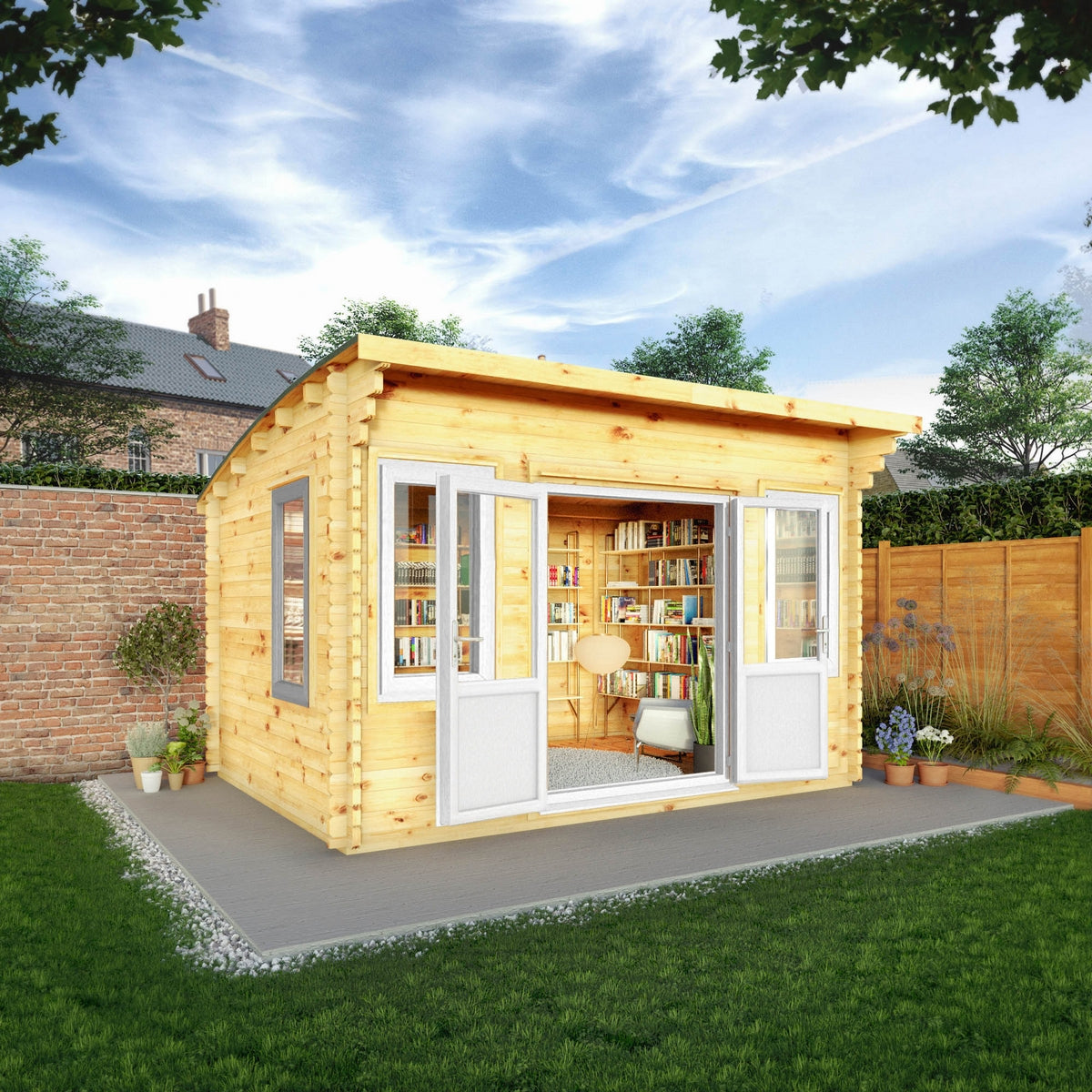 Mercia Helios 11' 5" x 13' 4" Curved Log Cabin - Premium 44mm Cladding ...