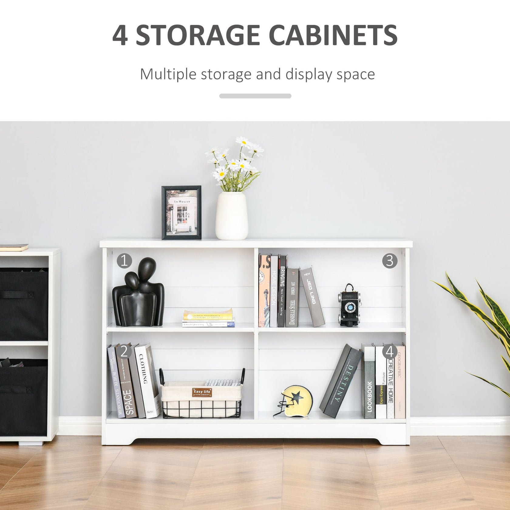 Simple Modern 4-Compartment Low Bookcase 2-Tier w/ Moving Shelves Cube ...