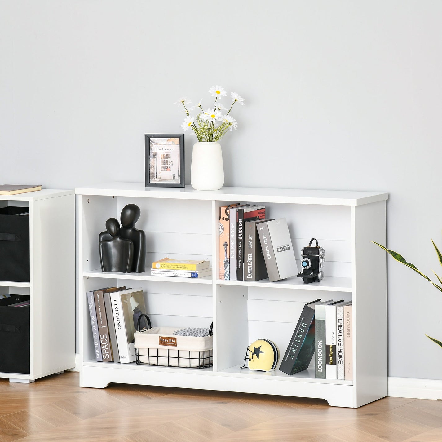 Simple Modern 4-Compartment Low Bookcase 2-Tier w/ Moving Shelves Cube ...