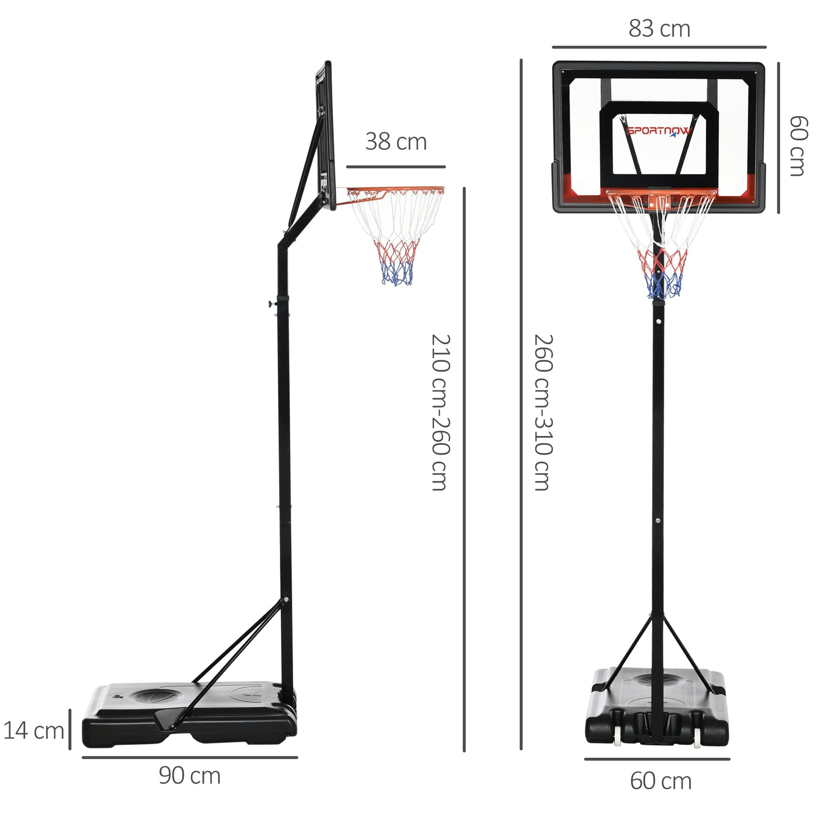 2.1 to 2.6M Adjustable Free Standing Basketball Hoop Weighted Base With ...